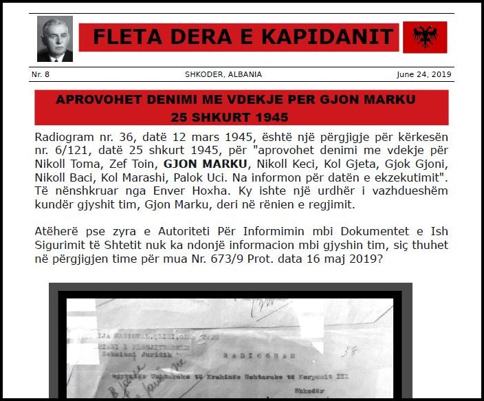 Approval of Death Warrant for GJON MARKU-25 February 1945 | Familja e ...